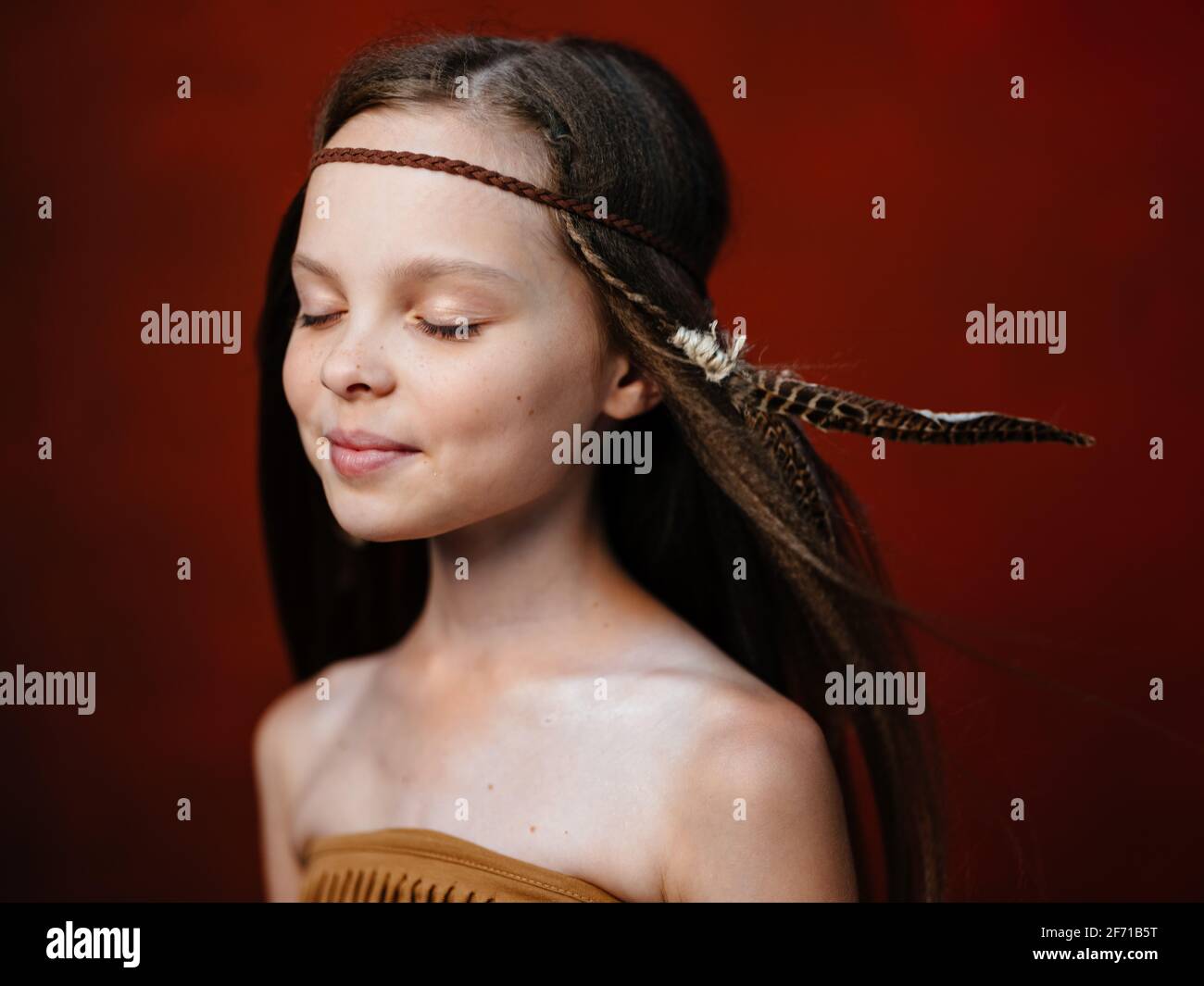 beautiful girl with headdress feather choker closed eyes side view ...