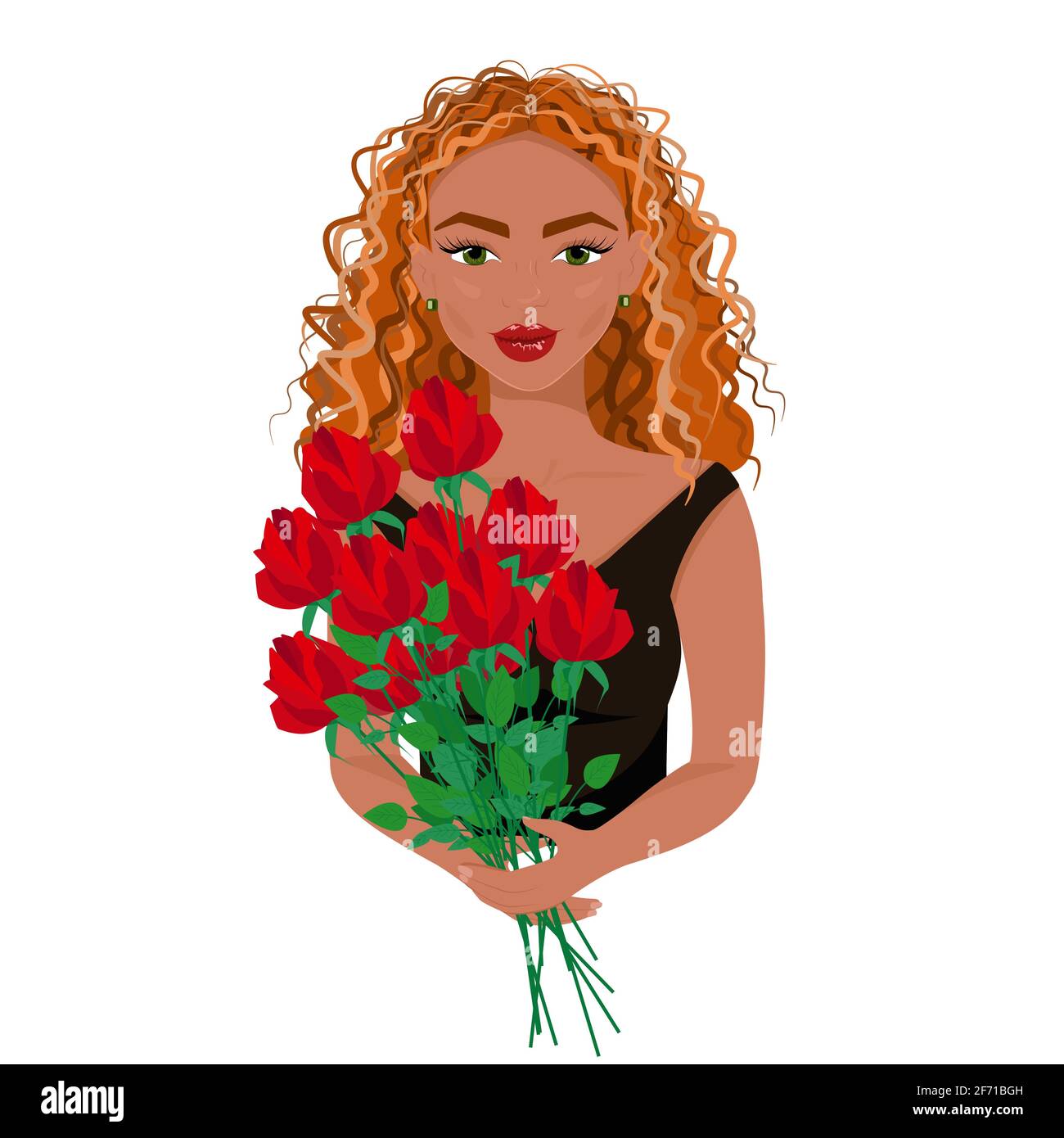 The girl in black dress with a bouquet of red roses in her hands ...
