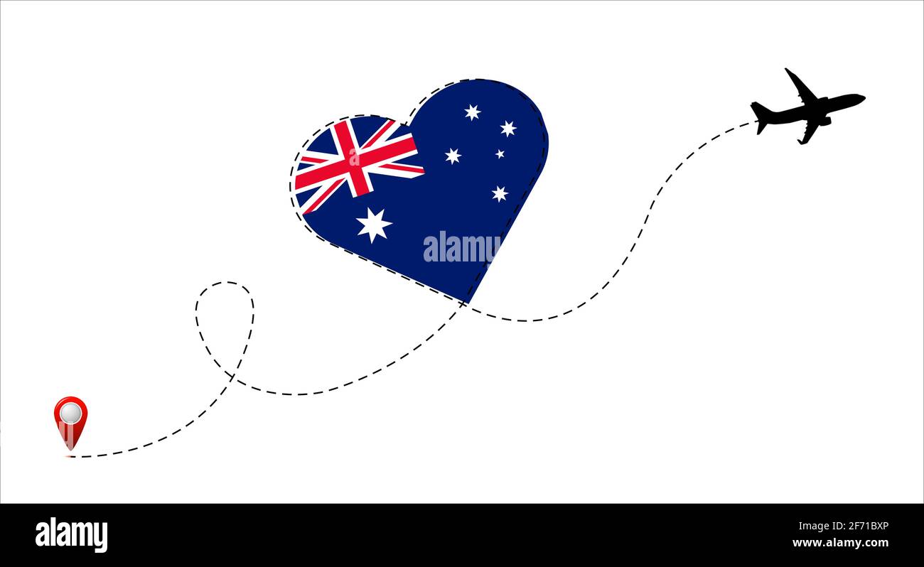 Airplane flight route with the Australia flag inside the heart. Travel ...