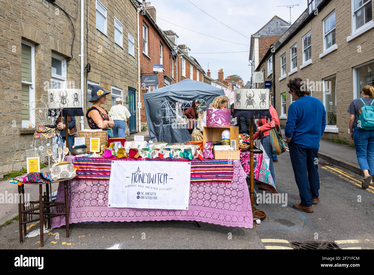 Weekend (Saturday) street market stalls in Barrack Street, Bridport, a ...