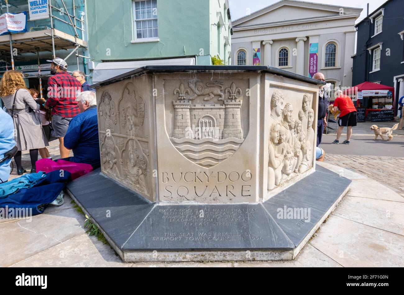 Artwork on a stone seat in Bucky-Doo Square, South Street, in the ...
