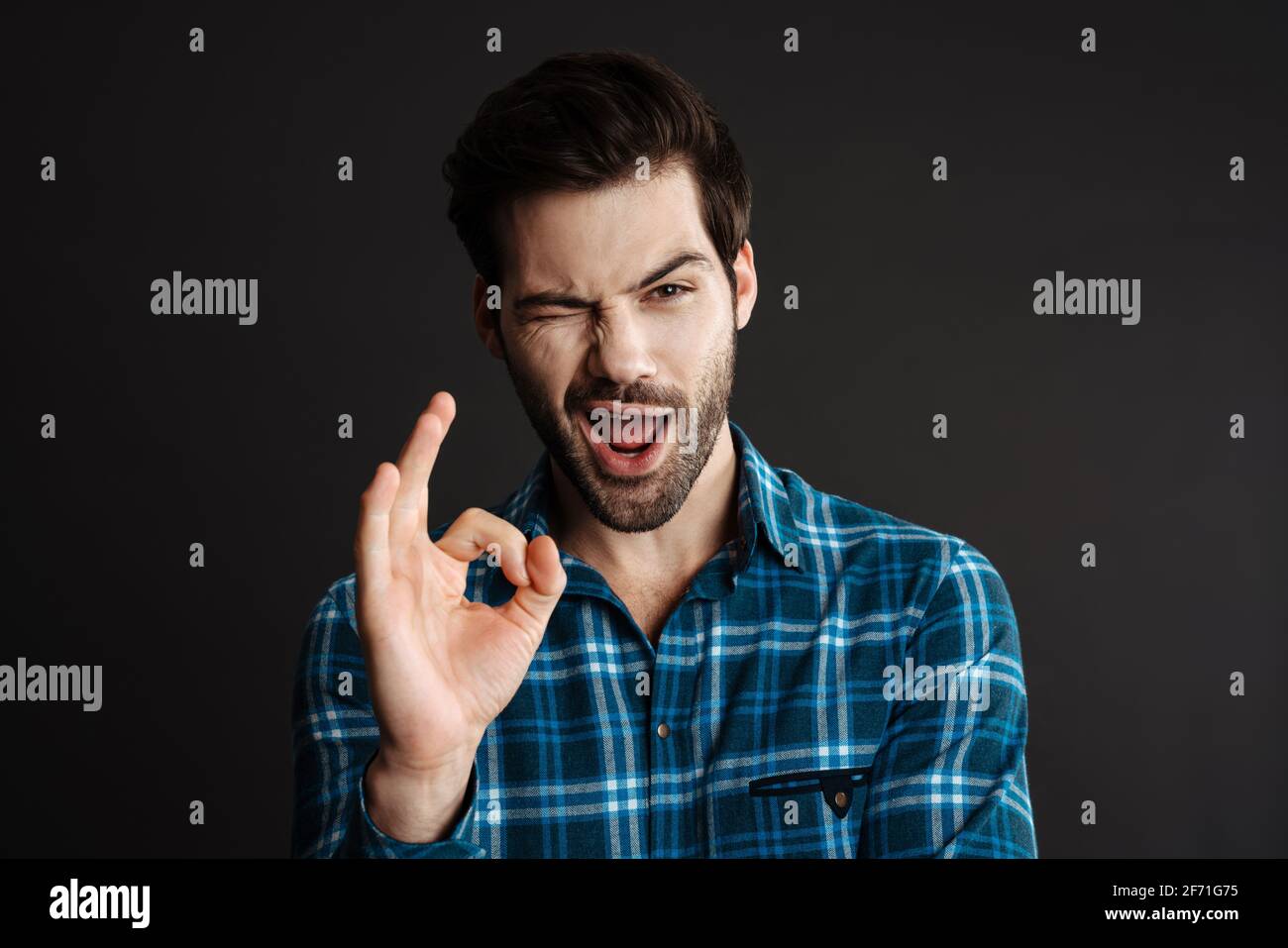 Joyful handsome unshaven guy winking and showing ok sign isolated over ...