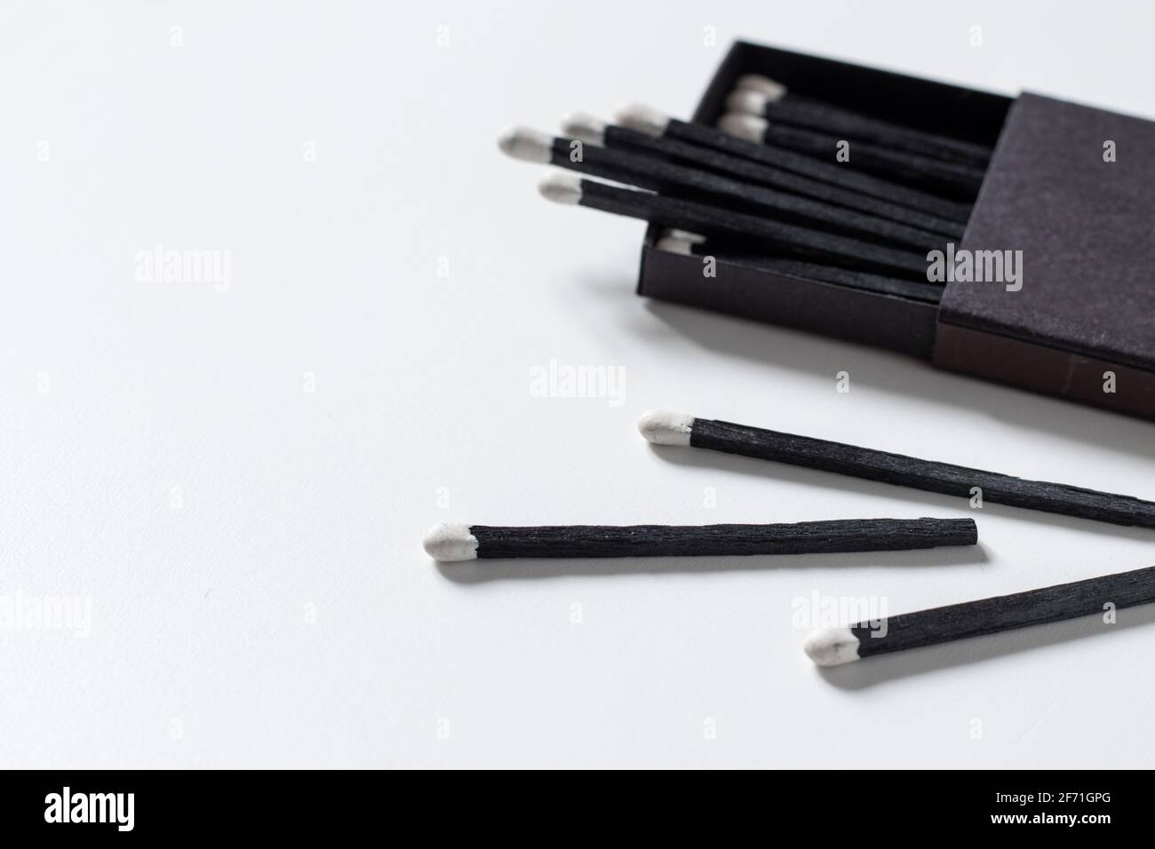 Black matches in matchbox on white background Stock Photo - Alamy