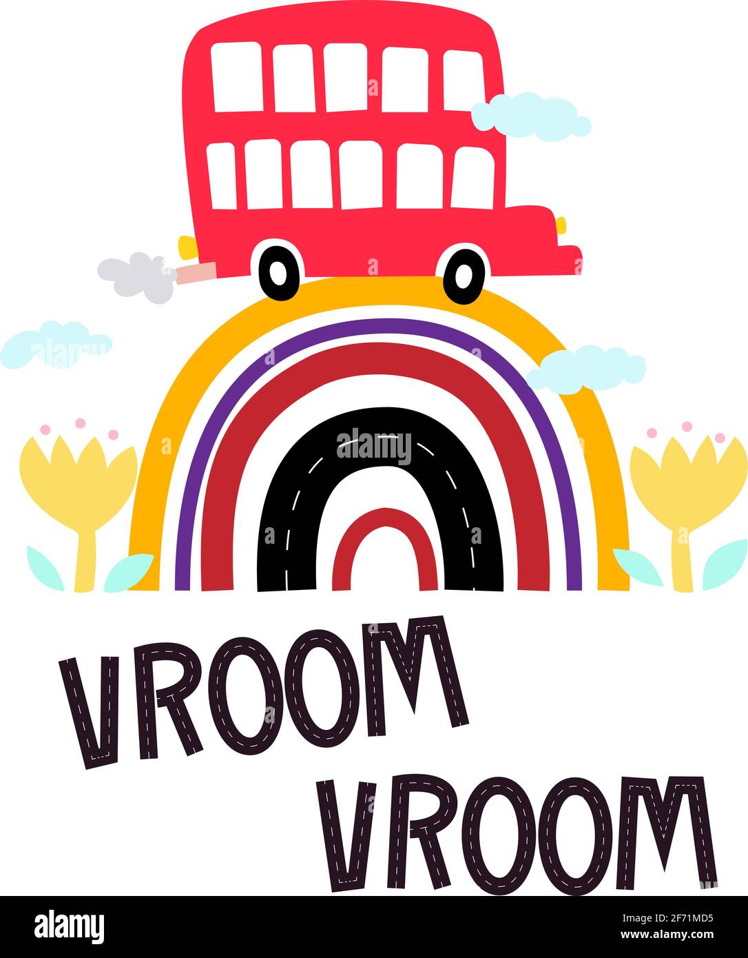Bus on rainbow. Children s cute print on a boho style t-shirt Stock ...