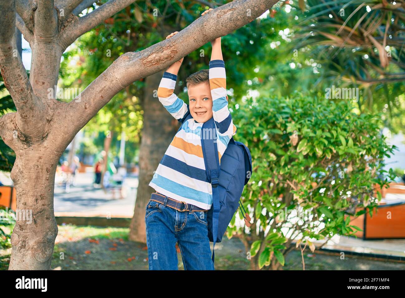 Adorable caucasian student boy smiling happy hanging on tree branch at ...