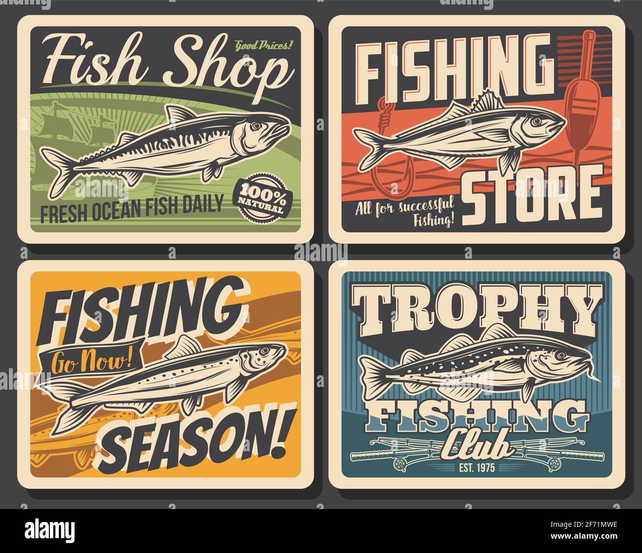 Fishing sport club poster, fish, rod, boat, tackle Stock Vector Image ...