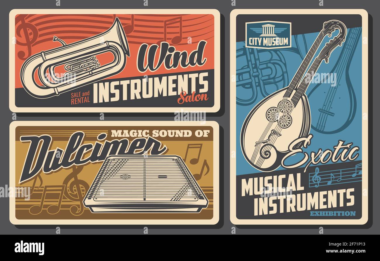 Musical instruments museum and salon retro posters Stock Vector Image ...