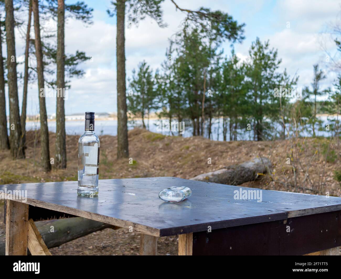 Multiple bottles of beer on table. Litter, garbage, trash pile in ...