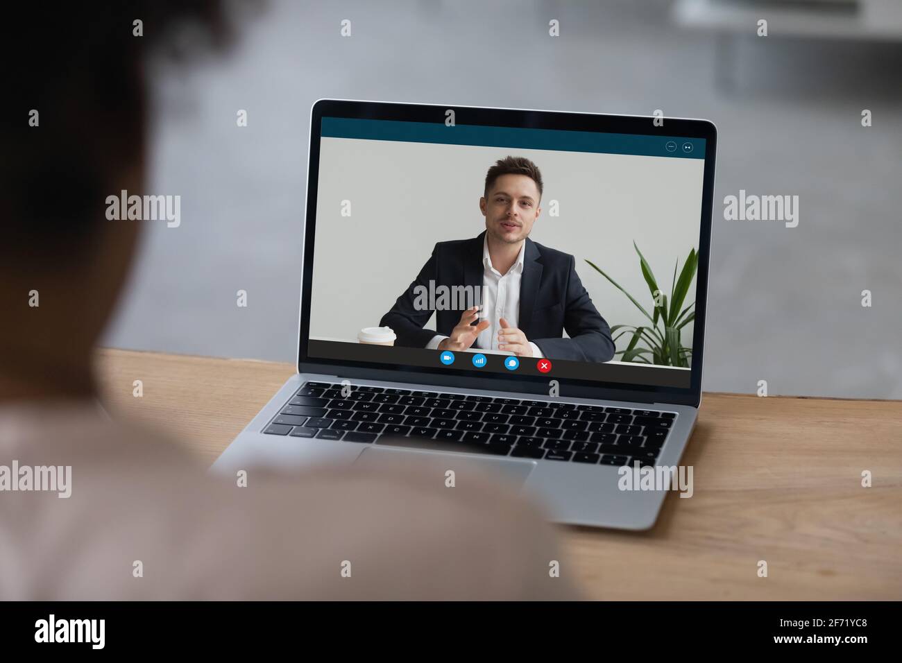 Female employee talk on video call with coworker Stock Photo - Alamy