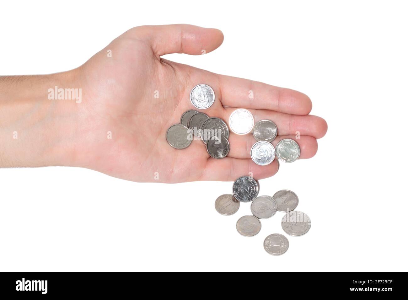 Coins fall out of hand. Ukrainian money. Coins in palm of hands falling ...