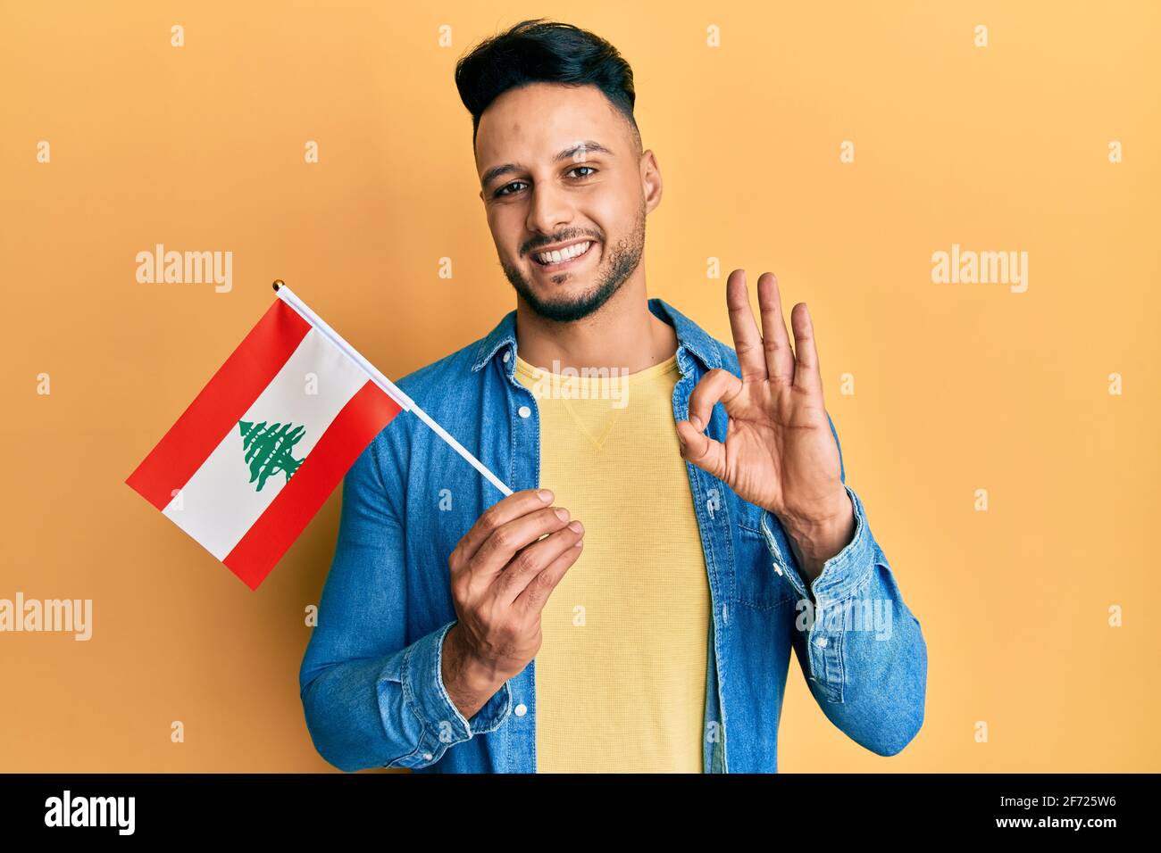 Young arab man holding lebanon flag doing ok sign with fingers, smiling ...
