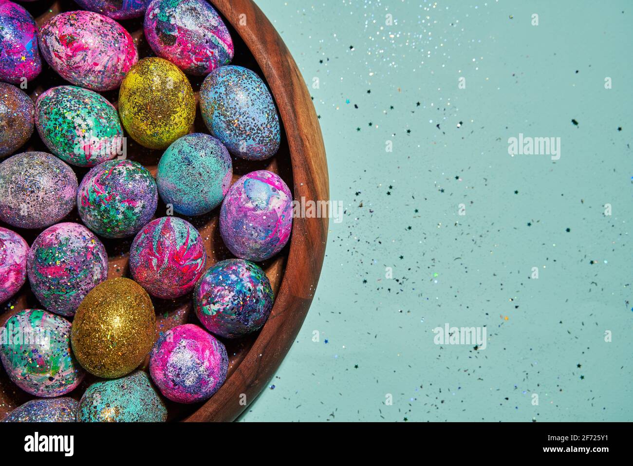 Many colorful shiny eggs. Concept of Happy Easter. Holiday background ...