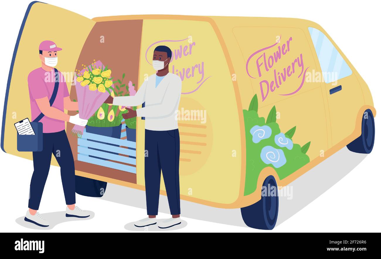 Courier gives customer flowers near delivery truck flat color vector ...