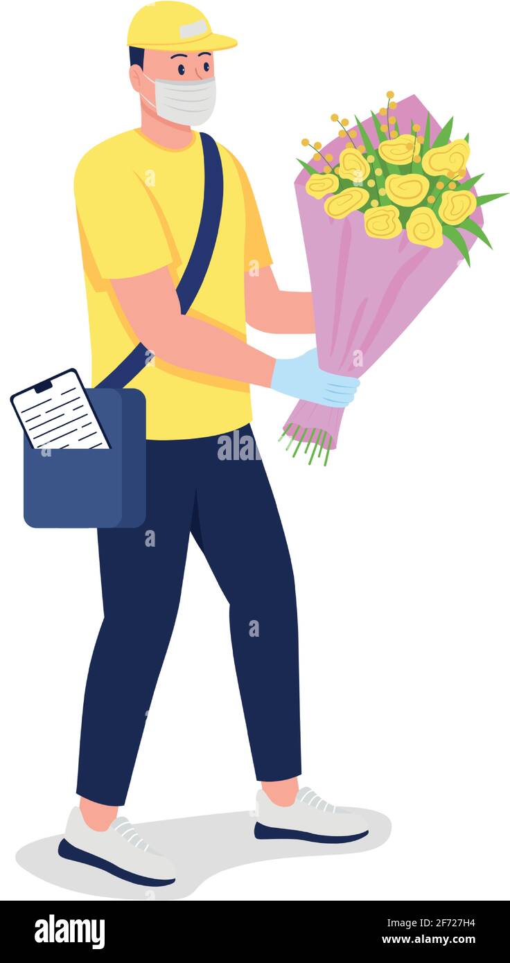 Caucasian delivery man with flowers in medical mask flat color vector ...