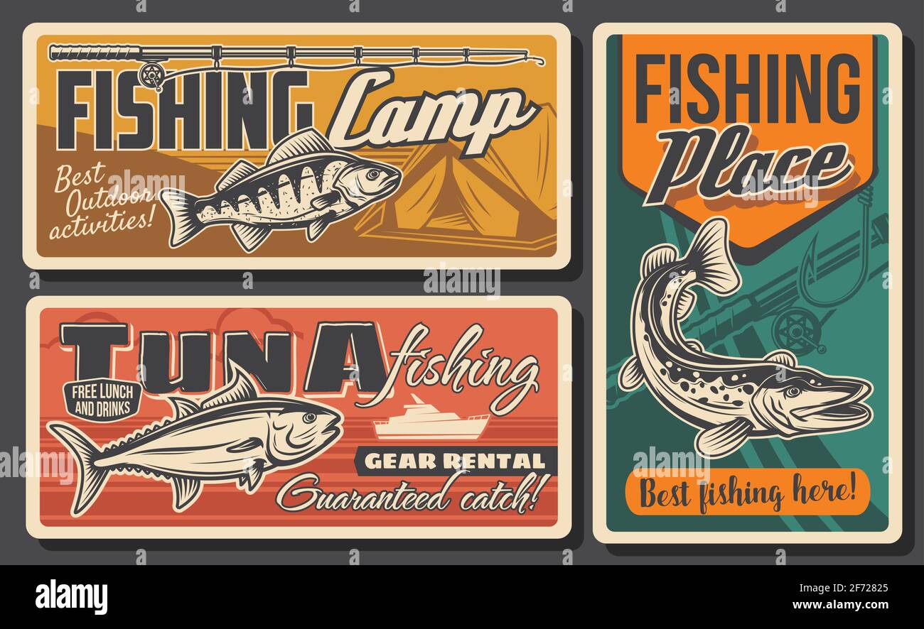Fishing, fishes and fisherman rod posters, retro Stock Vector Image ...