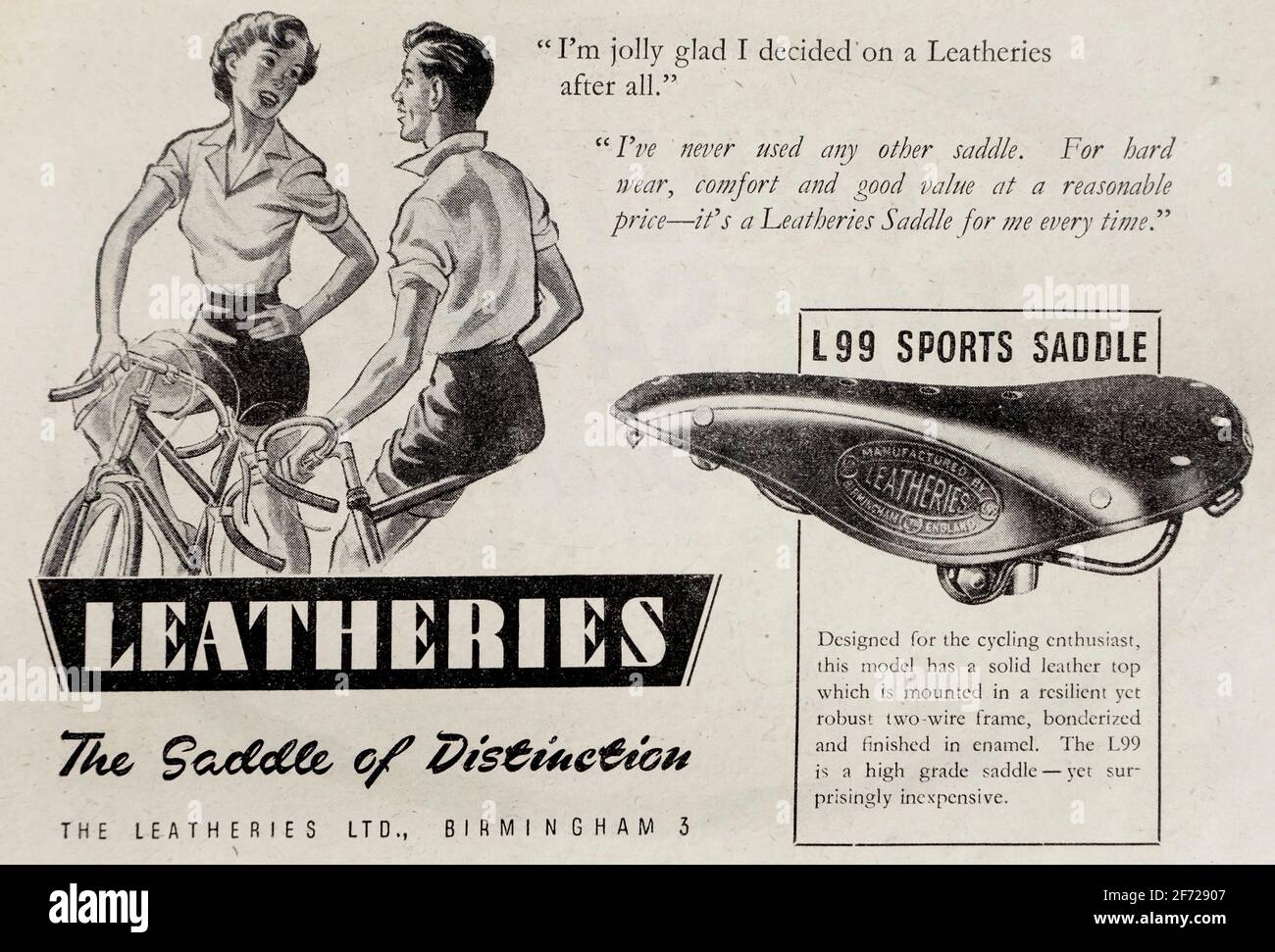 Vintage 1953 advertisement for British Leatheries bicycle saddles Stock ...