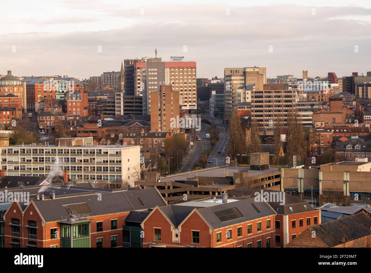 Maid Marian Way in Nottingham City, viewed from the roof of the Unity ...