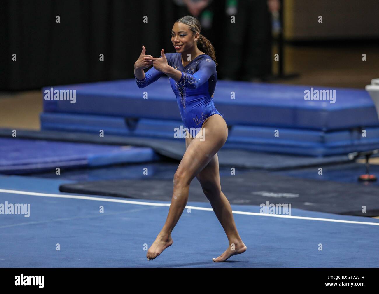 April 3, 2021: UCLA's Margzetta Frazier performs on the floor apparatus ...
