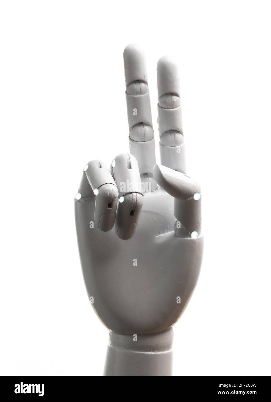 White robot hand show two fingers isolated on white background Stock ...