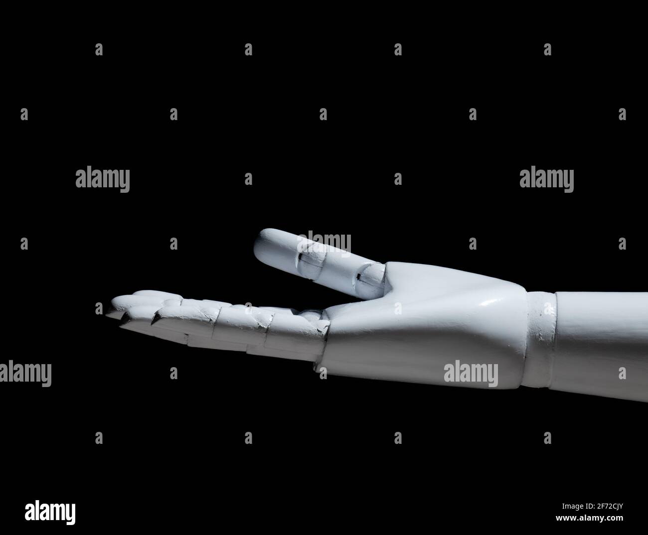 White robot hand open gesture isolated on black background Stock Photo ...