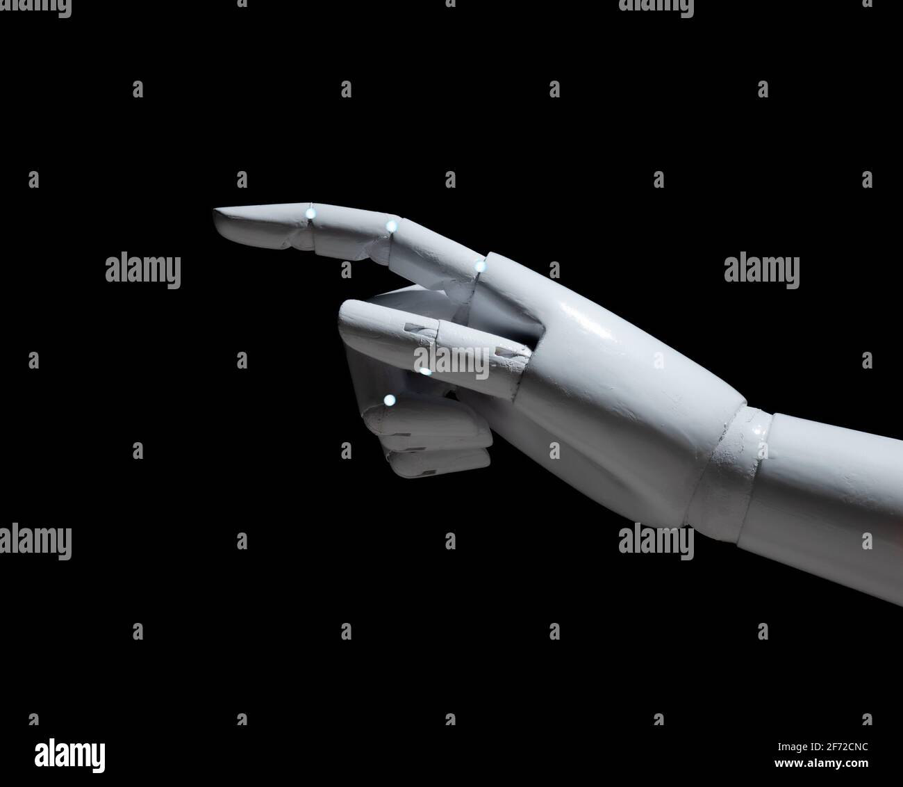 White robot hand finger point isolated on black background Stock Photo ...