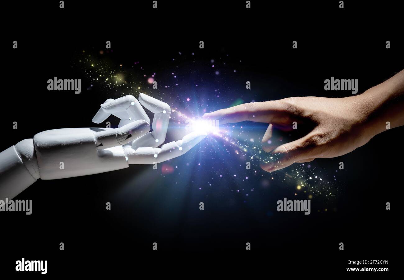 Technology connection with human finger connect to robot finger Stock ...