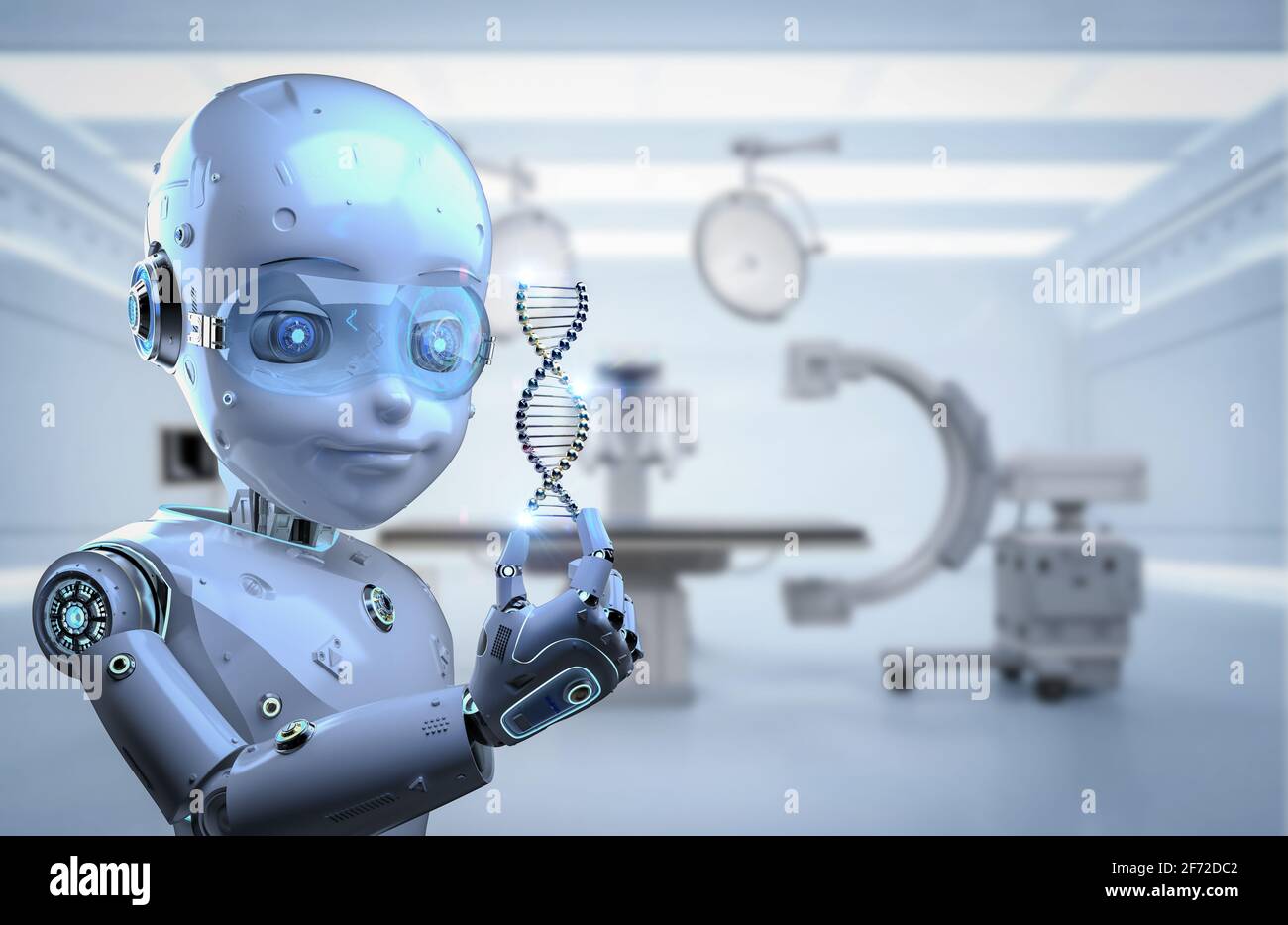 Medical technology concept with 3d rendering cute robot holding dna ...
