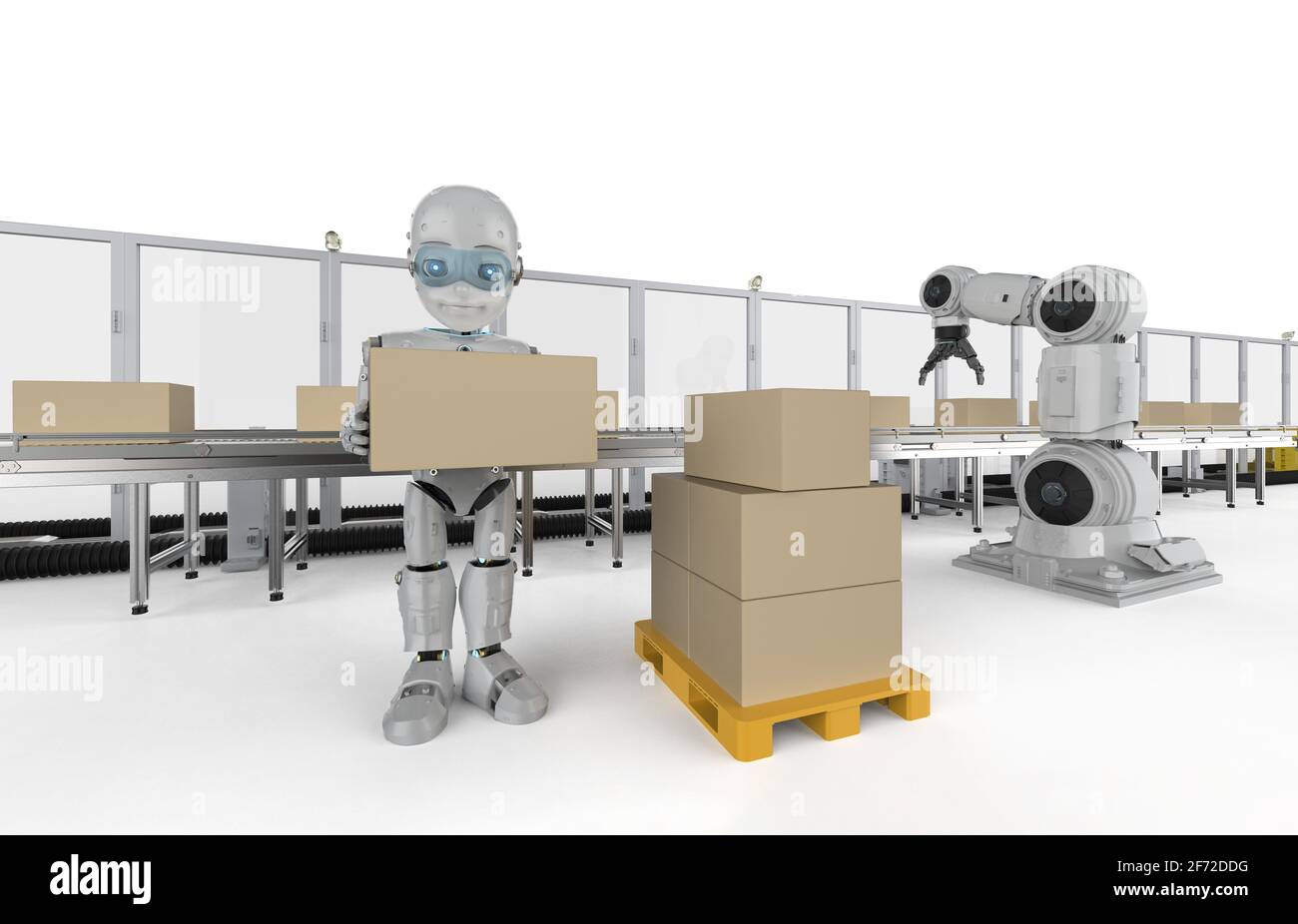 Automation factory concept with 3d rendering robot with boxes on ...