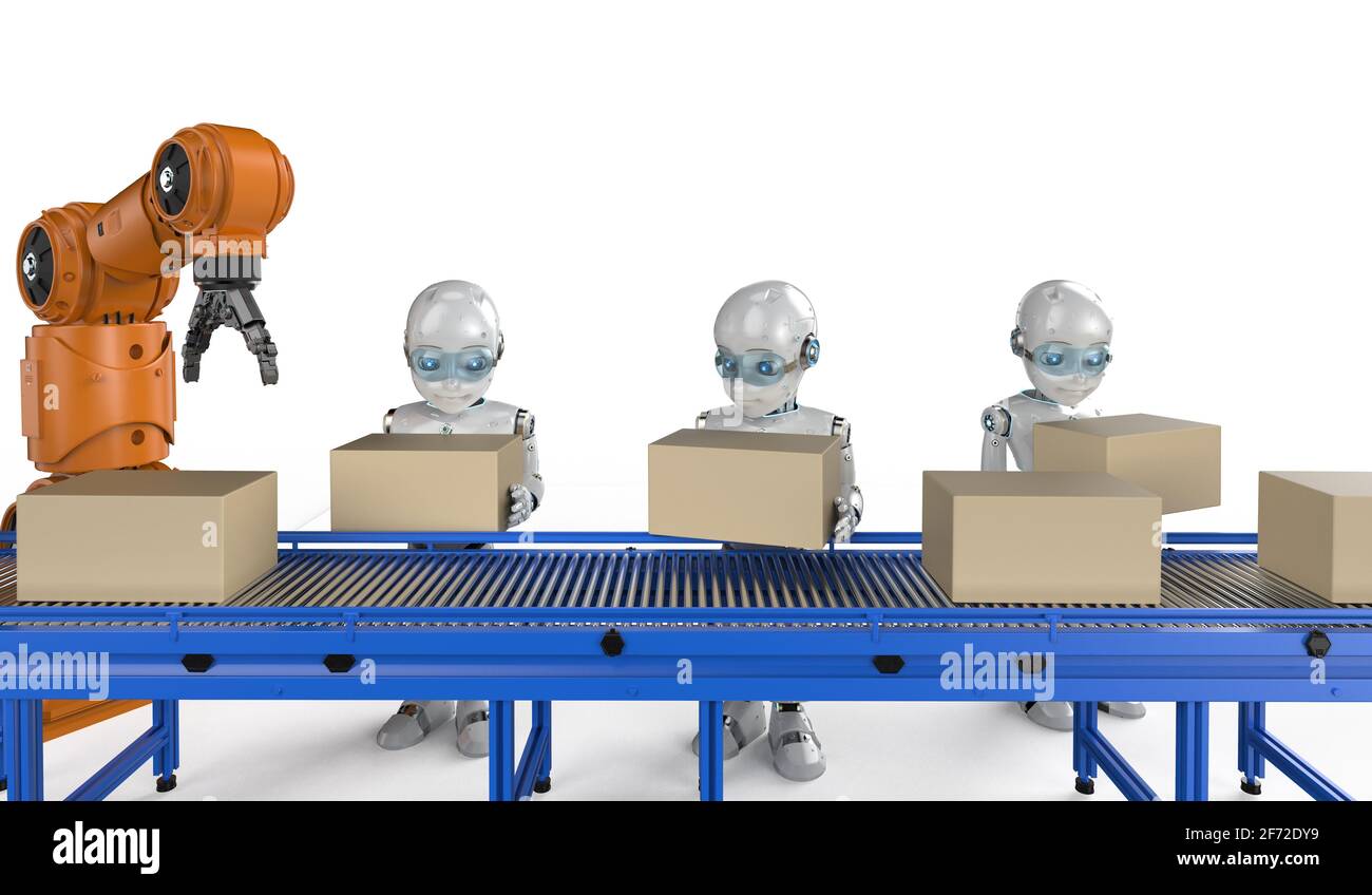 Automation factory concept with 3d rendering robot with boxes on ...
