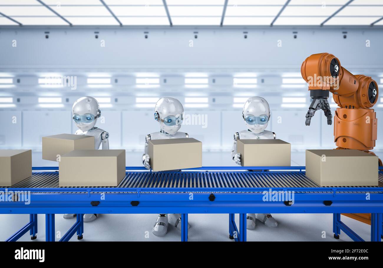 Automation factory concept with 3d rendering robot with boxes on ...