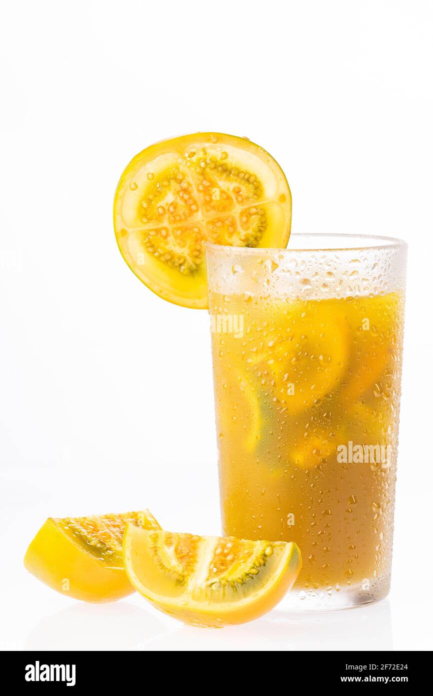 Juice of lulo, Colombian tropical fruit - Solanum quitoense Stock Photo ...