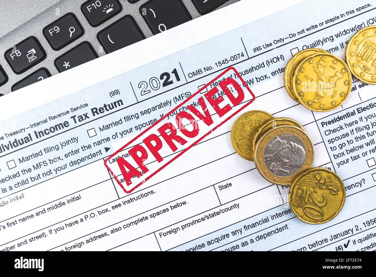 Approved official document and tax form close-up background, business ...