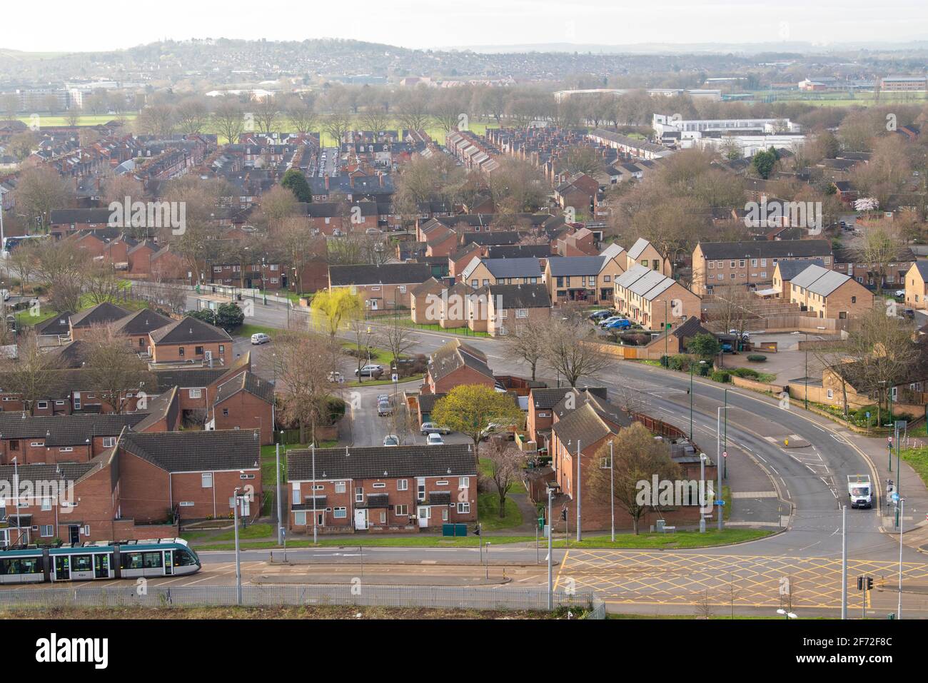 A tram in the Meadows area, viewed from the roof of the Unity Square ...