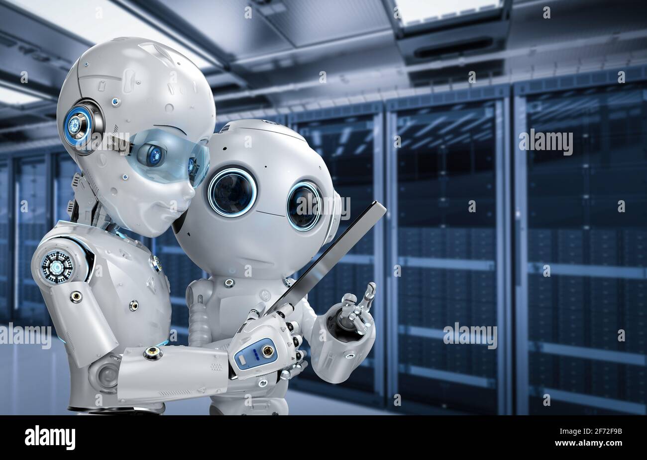 Automation server room with 3d rendering cute robot working with ...