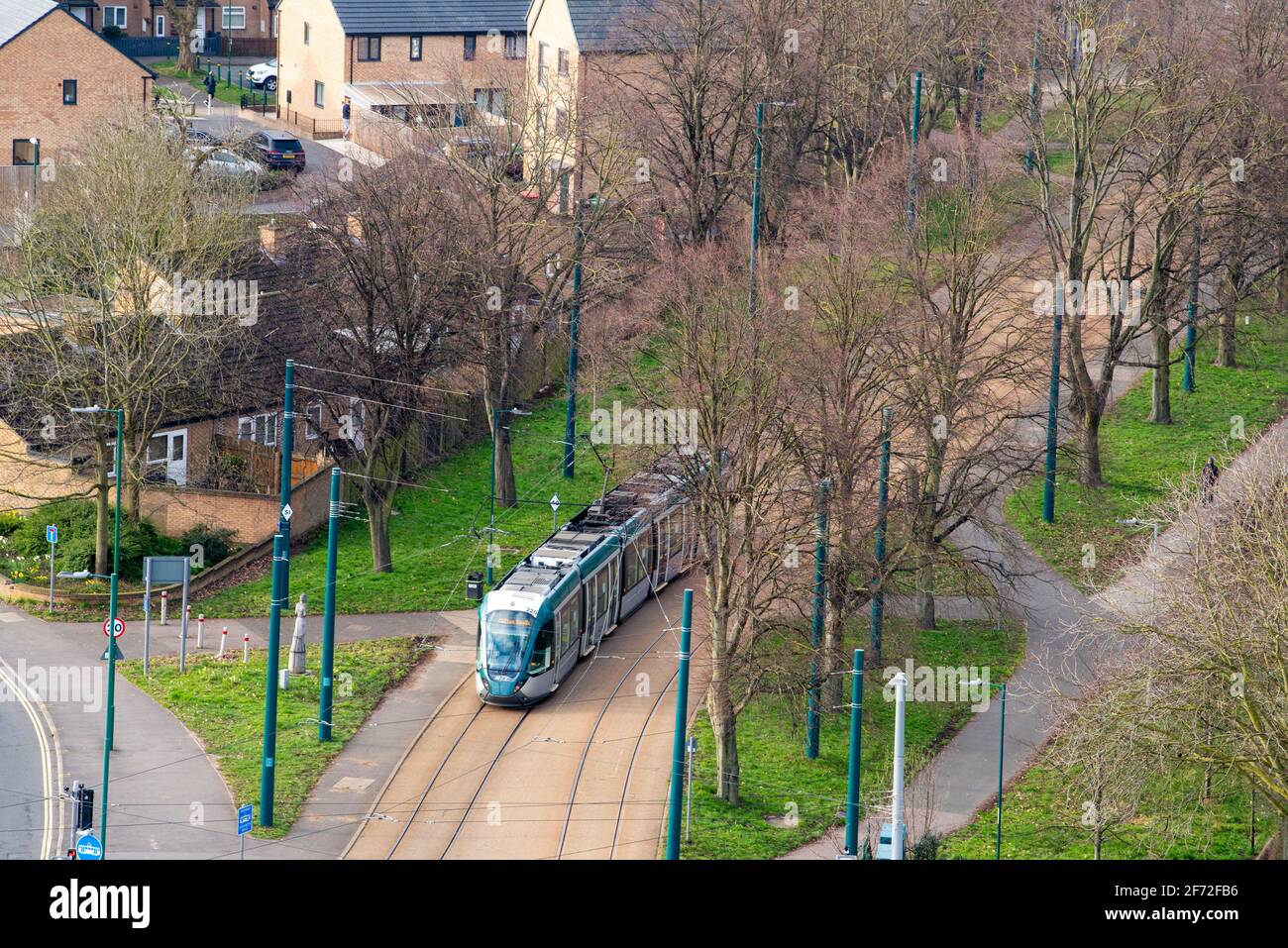 A tram in the Meadows area, viewed from the roof of the Unity Square ...
