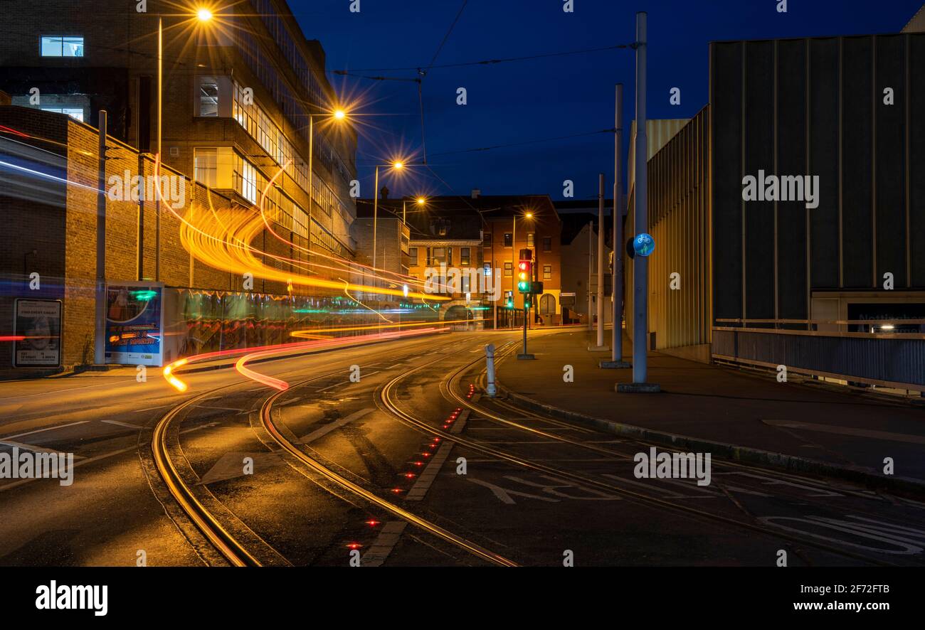 Tram light trails at the Nottingham Contemporary in Nottingham City ...