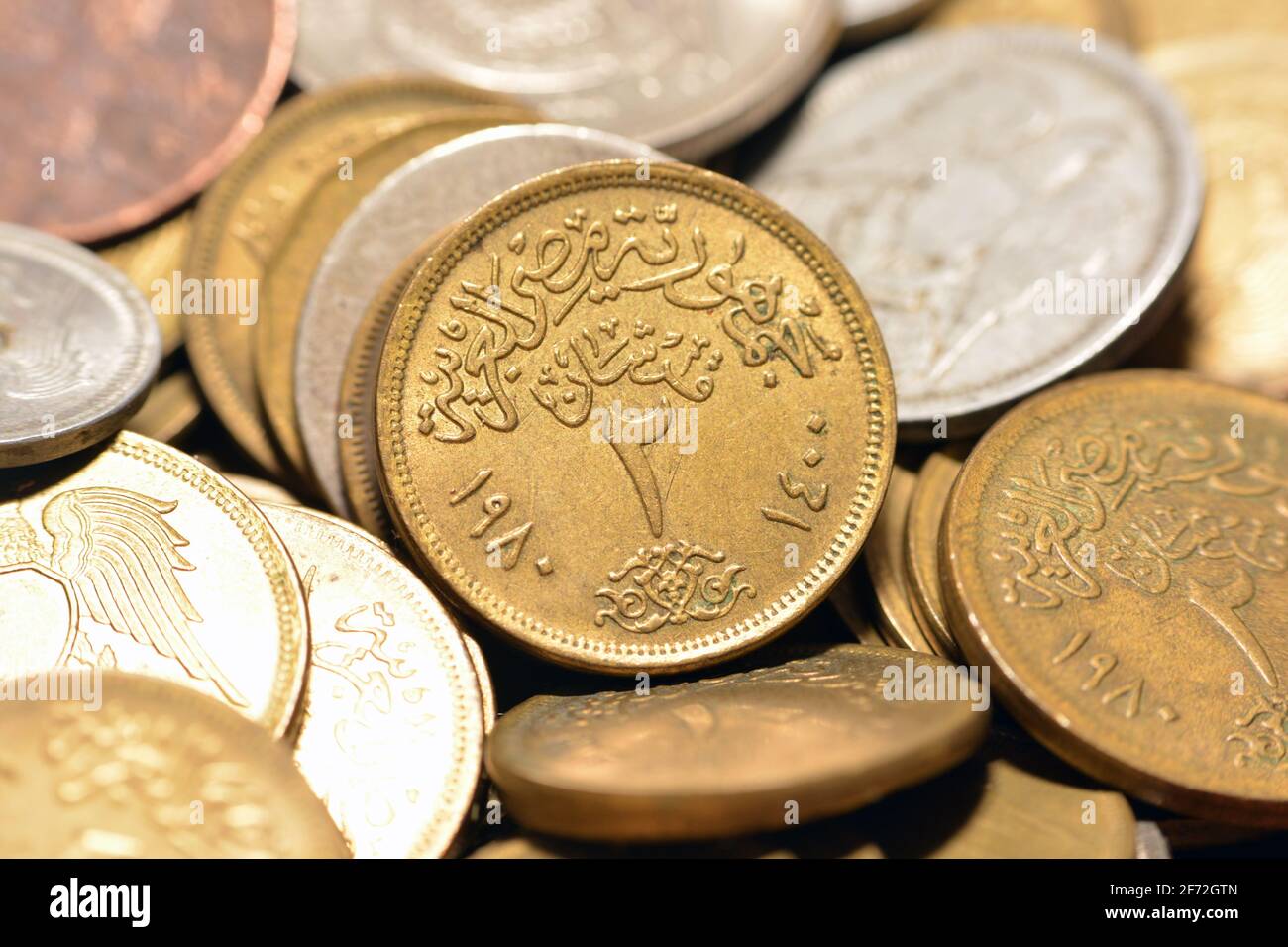 Two Egyptian piasters coin 1980 (observe side of the coin), old ...