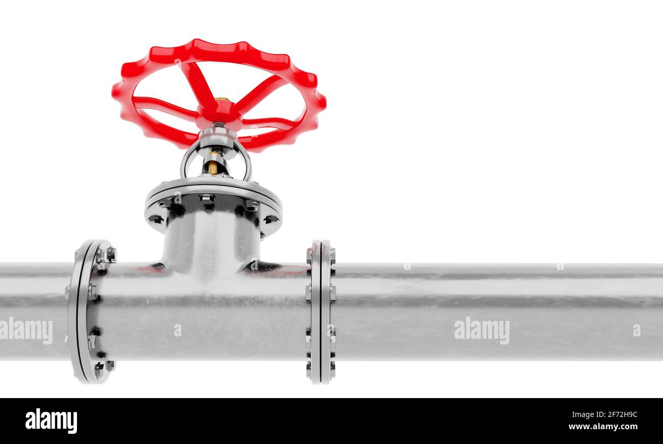 3D render glossy metal pipe with red valve isolated on a white ...