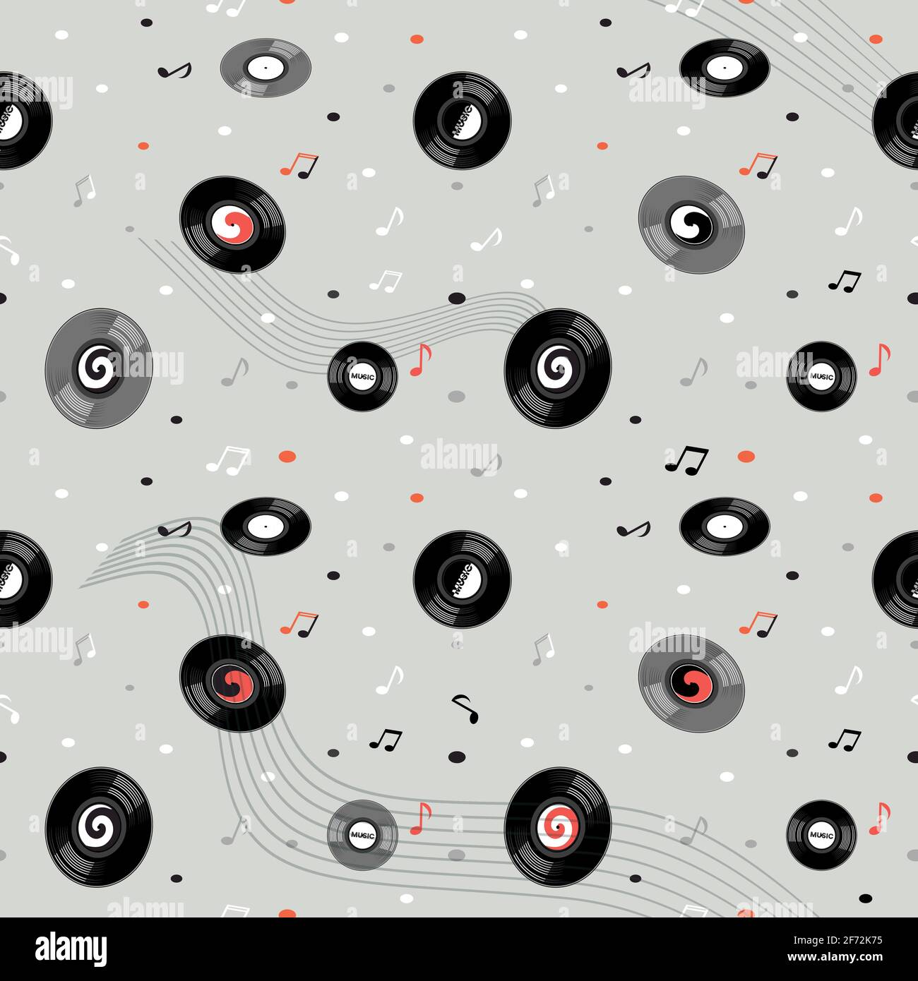 Seamless pattern of vinyl records, music notes and stave. Elements of ...