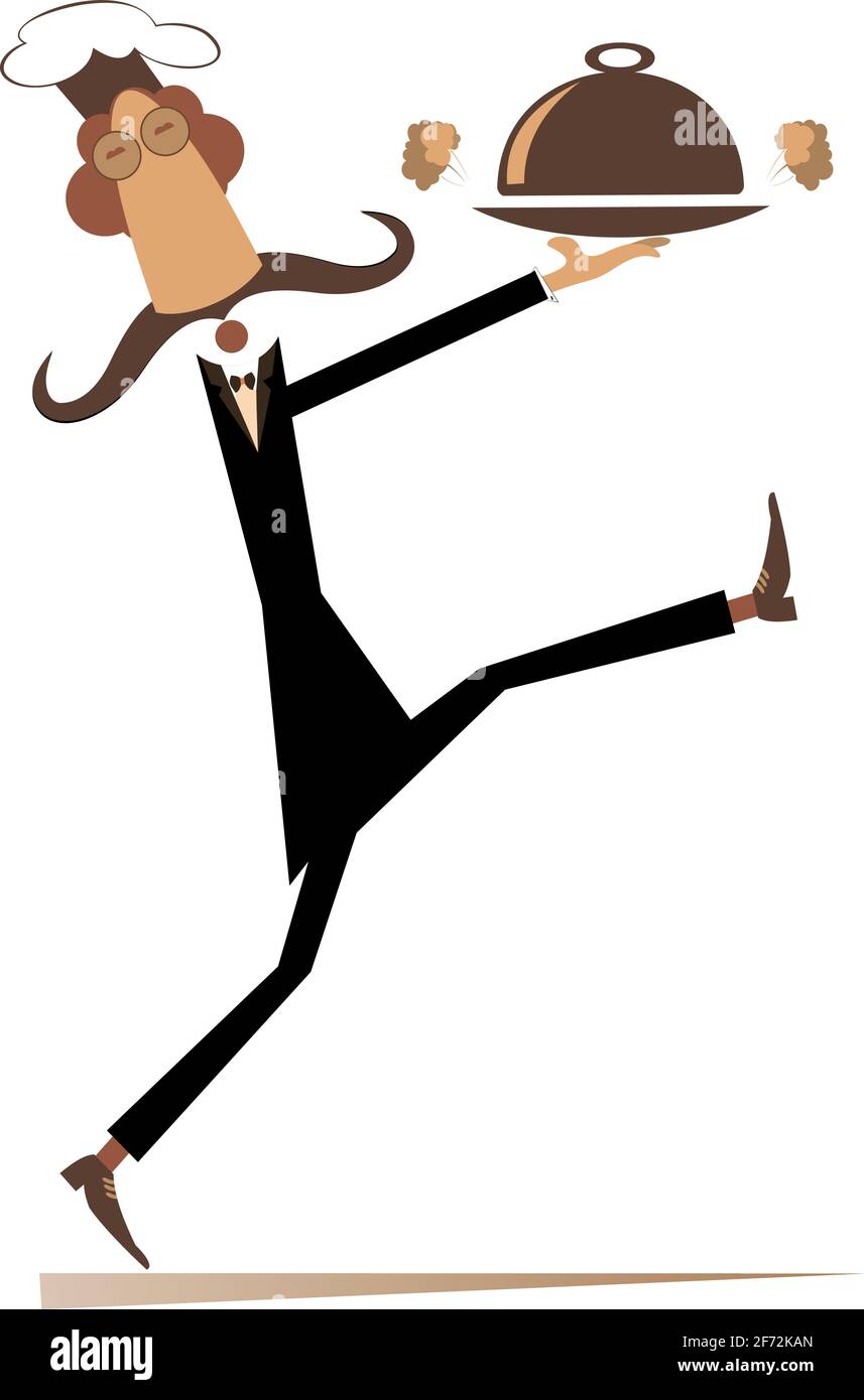 Comic cook carries a tray with a tasty dish illustration. Long mustache ...