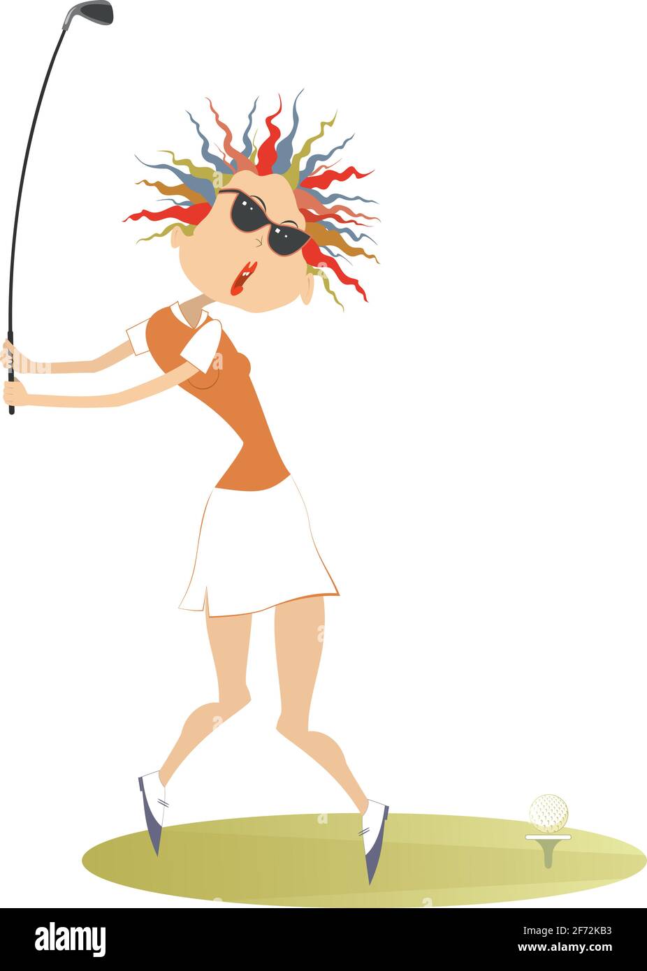Young golfer woman on the golf course illustration. Cartoon golfer ...