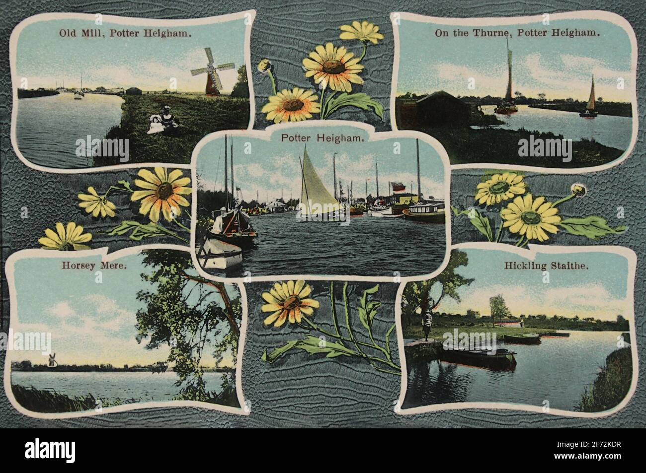 Postcard with vignettes showing Potter Heigham, Horsey Mere and ...
