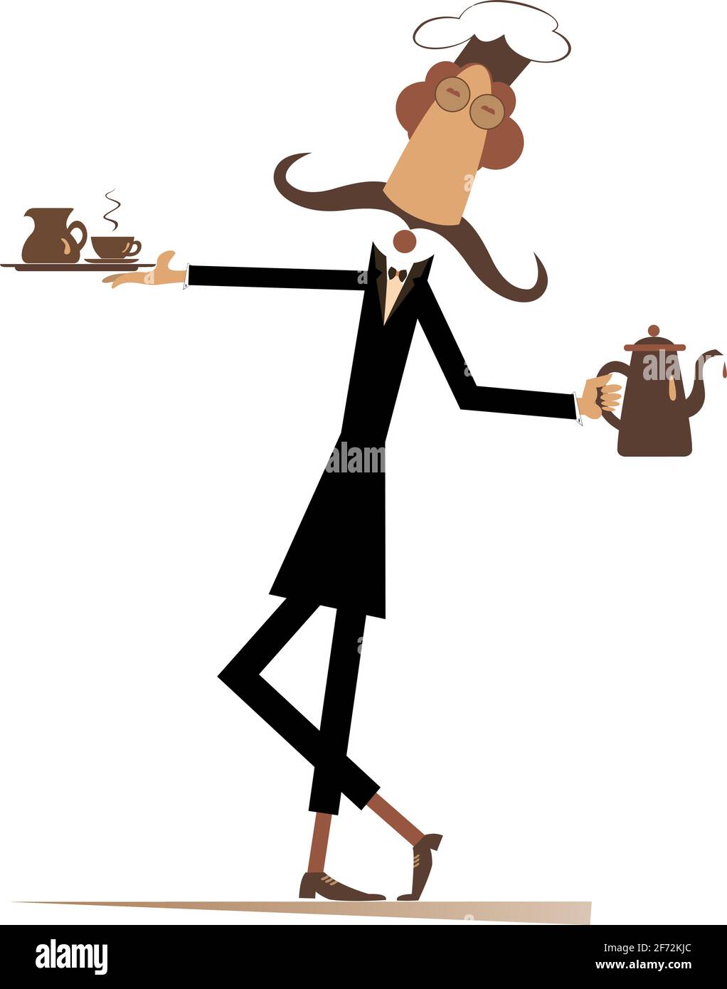 Mustache cook carries a tray with coffee or tea cup and cream in one ...