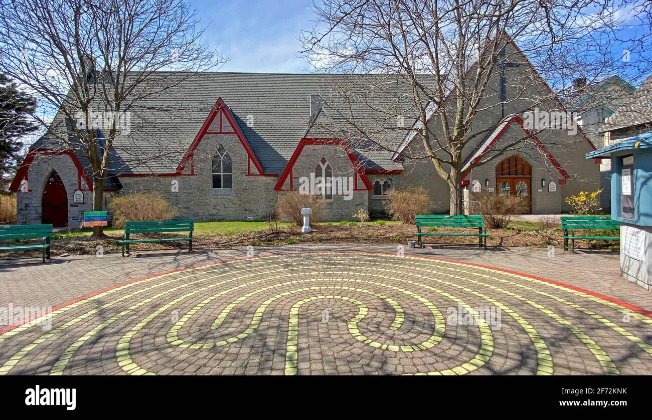 Old stone church with red trim - green park benches - a 7 layer ...