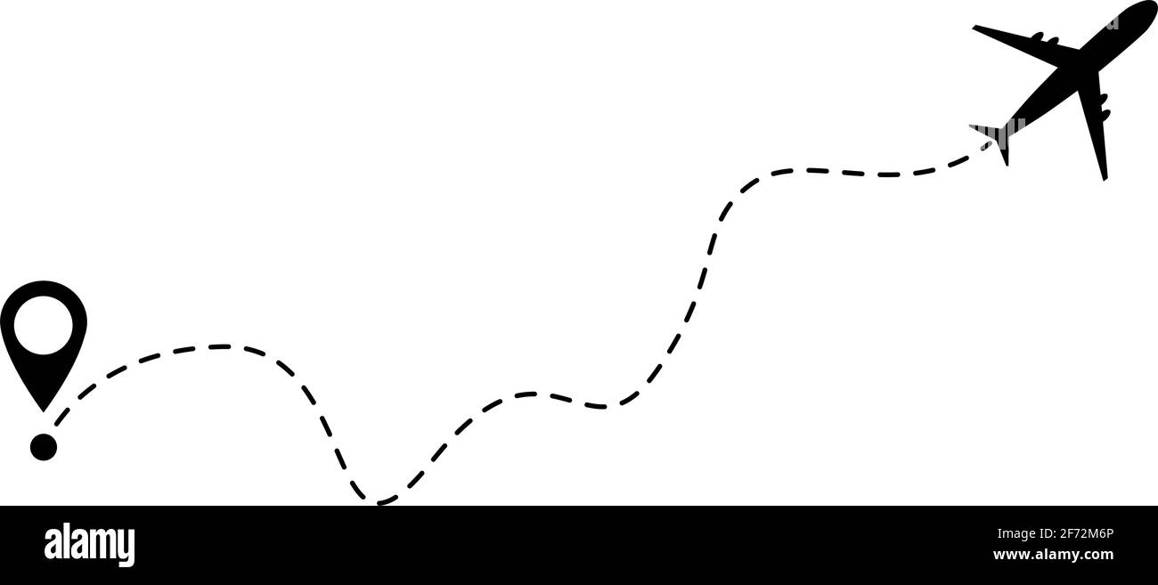Airplane line vector icon of air plane flight route with start point ...
