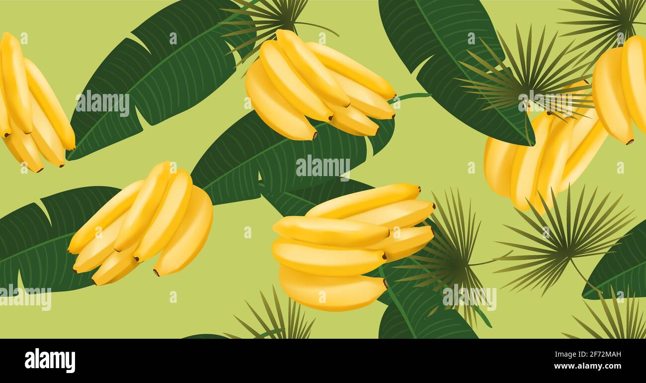Trendy seamless pattern with realistic banana bunch and tropical leaves ...