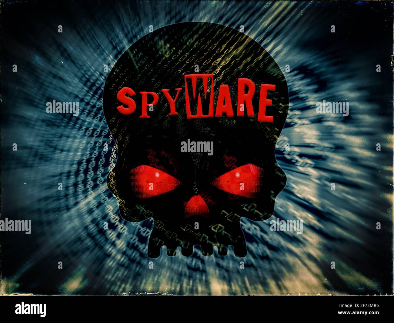 Spyware displayed across black skull with red eyes and binary code ...