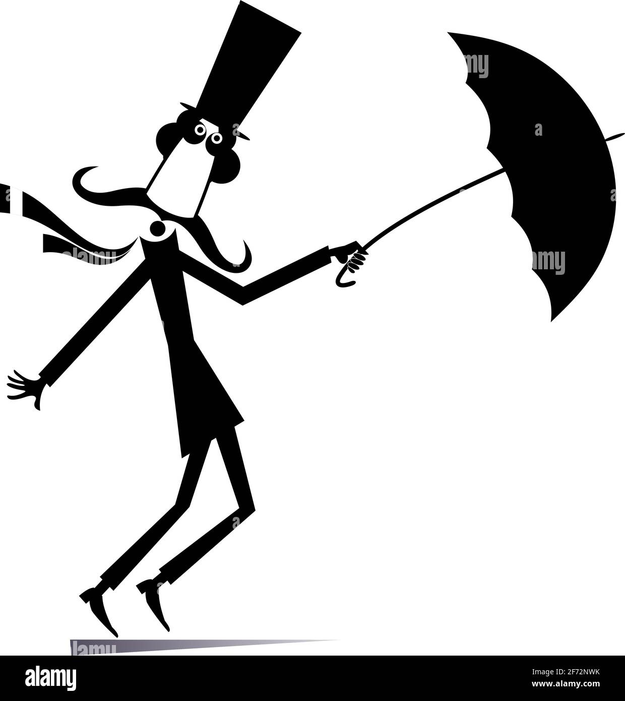 Strong wind and a long mustache man in the top hat with umbrella black ...