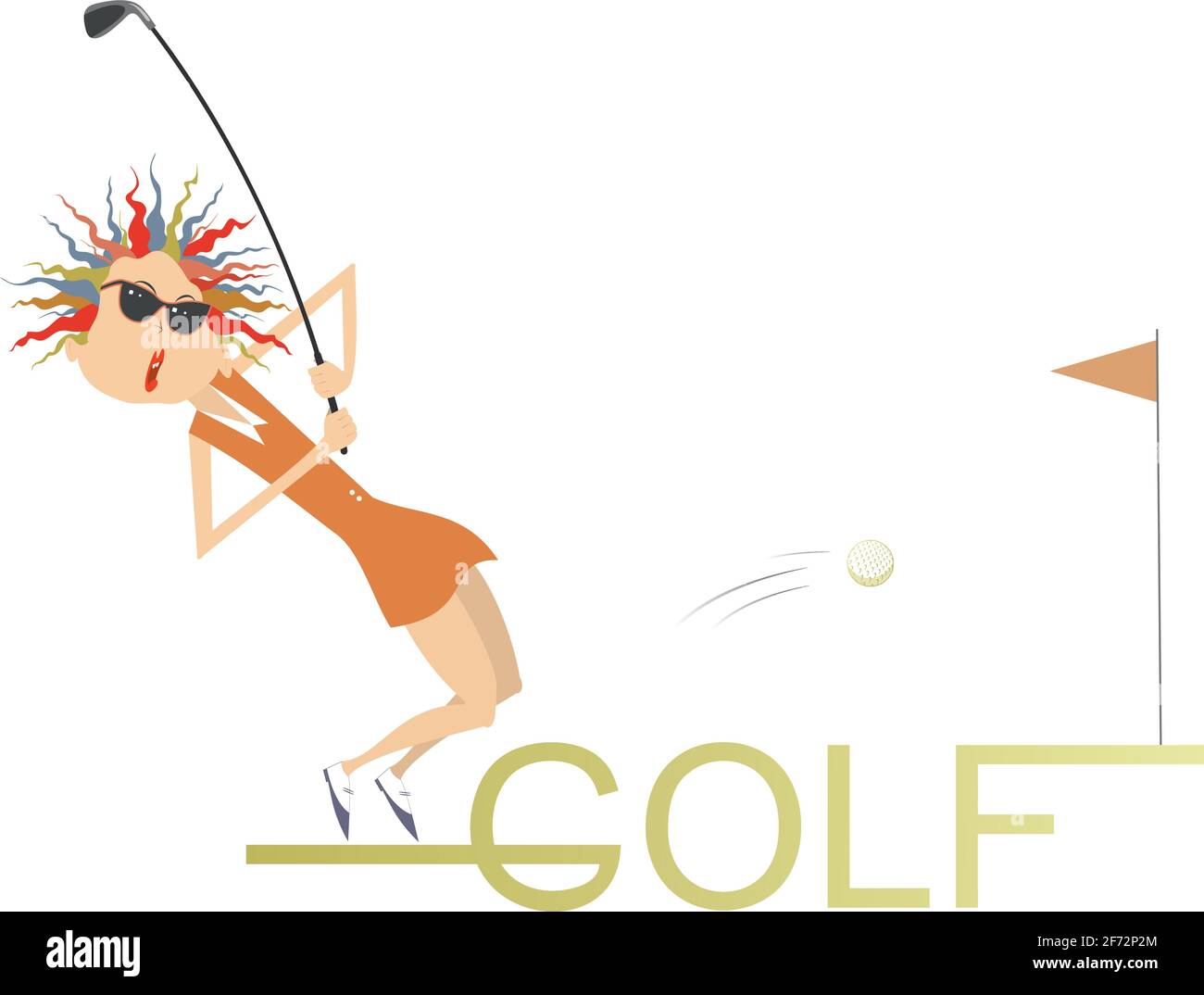 Young golfer woman stands on the word golf illustration. Young golfer ...