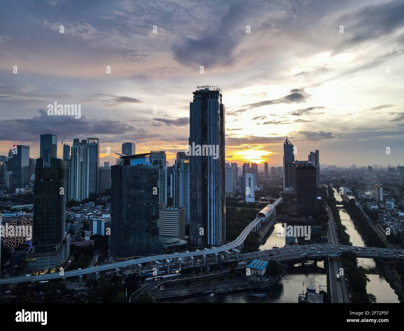 aerial view of Sunset in the skyscrapers of Jakarta. Jakarta, Indonesia ...